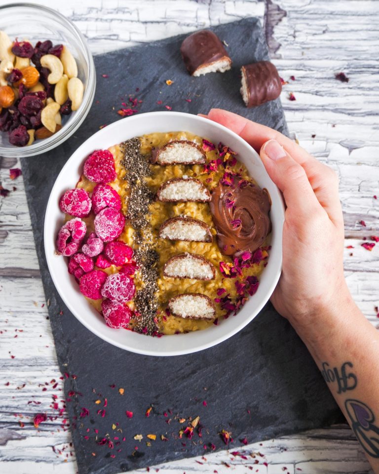 Healthy loaded Oatmeal Bowl with Peanut Butter and Chia Seeds